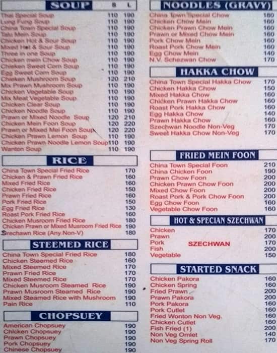 Menu at China Town Restaurant, Kolkata, N. 6