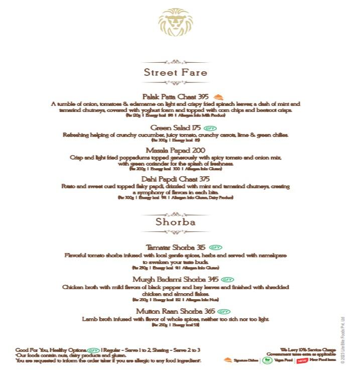 Menu of Punjab Grill, DLF Phase 3, Gurgaon
