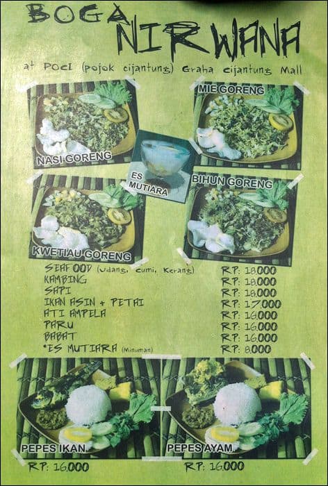 Menu at Boga Nirwana restaurant, Jakarta