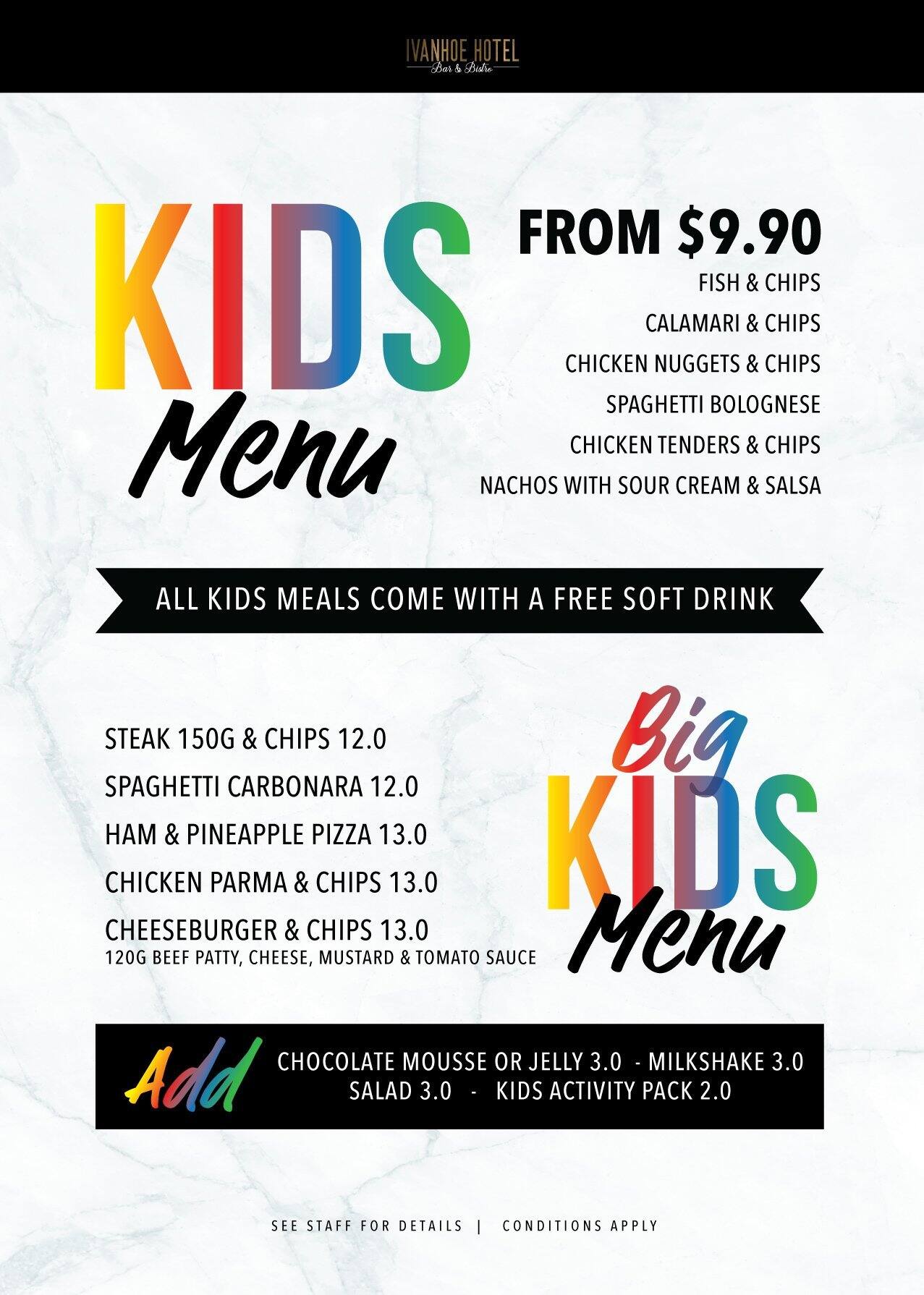 Menu at Ivanhoe Hotel pub & bar, Ivanhoe