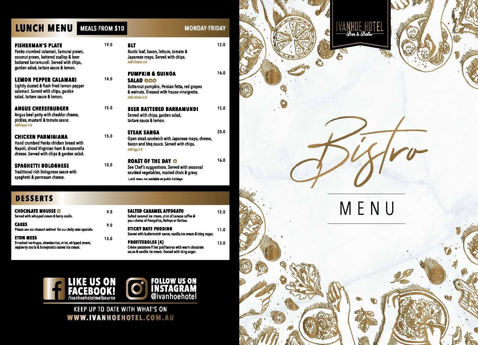 Menu at Ivanhoe Hotel pub & bar, Ivanhoe