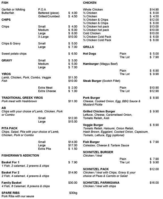 Menu at Food Addiction fast food, Newton