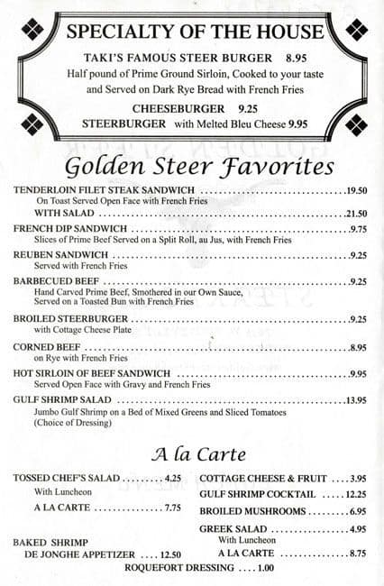 Menu at Golden Steer Steakhouse, Forest Park
