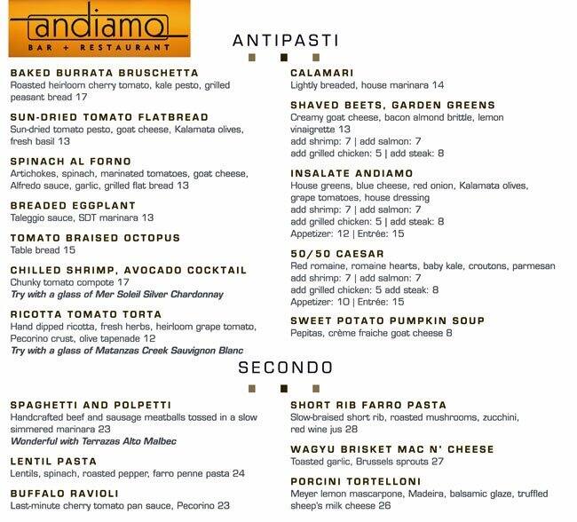Menu at Andiamo restaurant, Chicago, N O'Hare Fld