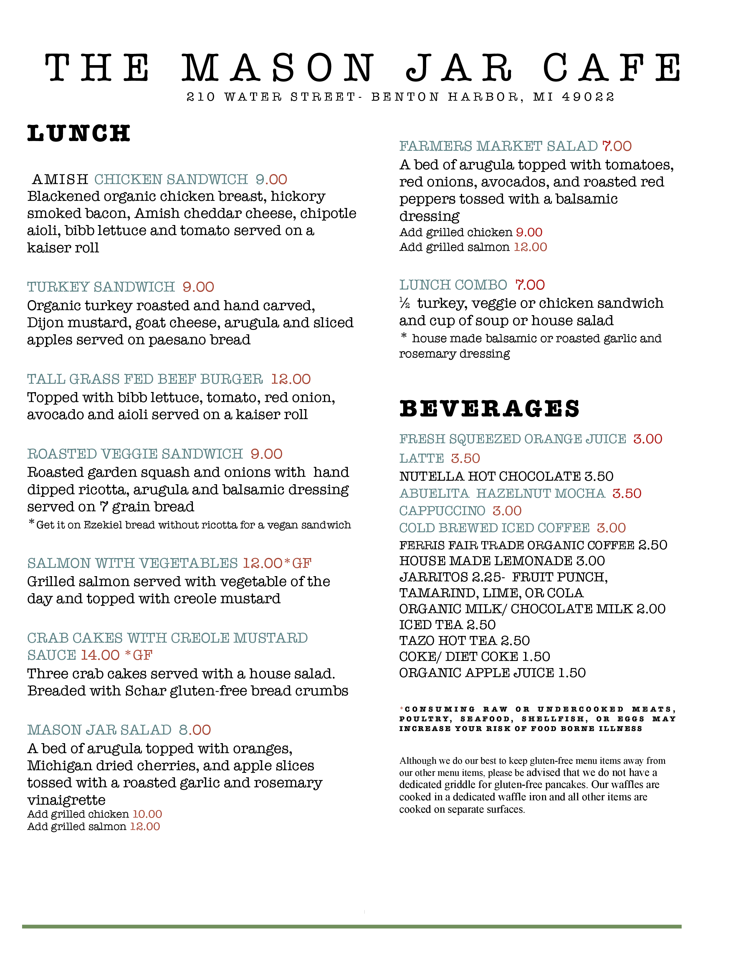 Menu at The Mason Jar Cafe, Benton Harbor