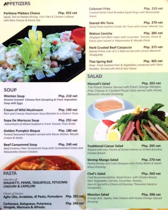 Menu at Manuel's Restaurant, Cebu City