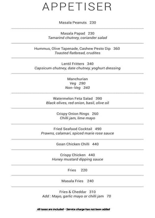 Menu at The Cape Goa, Canaguinim, Cabo De Rama