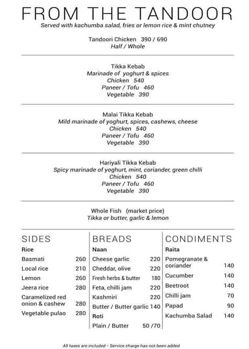 Menu at The Cape Goa, Canaguinim, Cabo De Rama