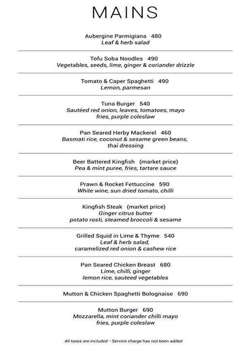 Menu at The Cape Goa, Canaguinim, Cabo De Rama