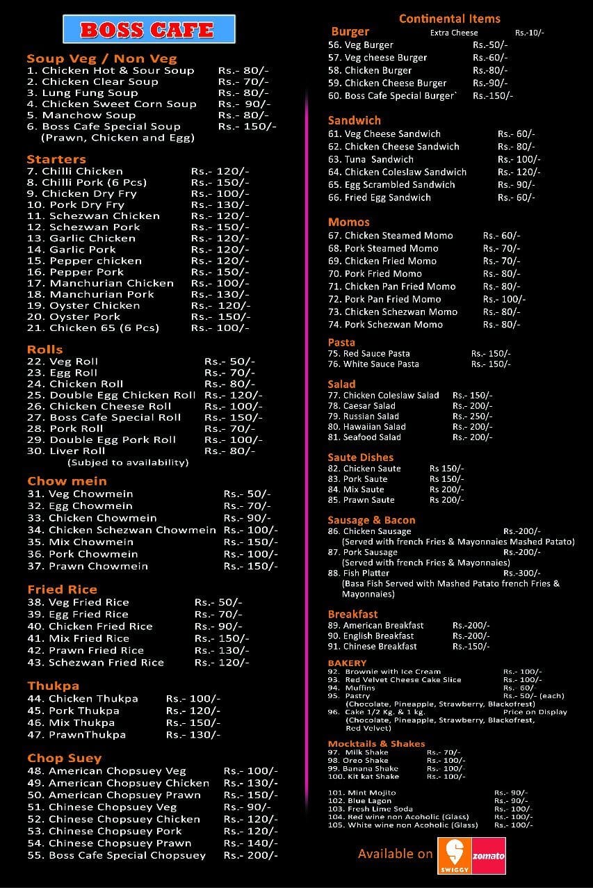 Menu at Boss Cafe, Guwahati