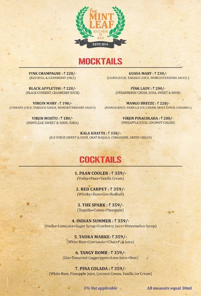 Menu at The Mint Leaf, Navi Mumbai, Shree Sai Darshan