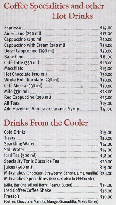 Menu at Beans about Coffee cafe, Johannesburg, Stoneridge Shopping Centre