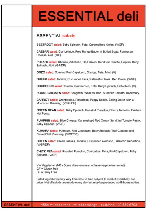 Menu at Essential Deli cafe, Auckland
