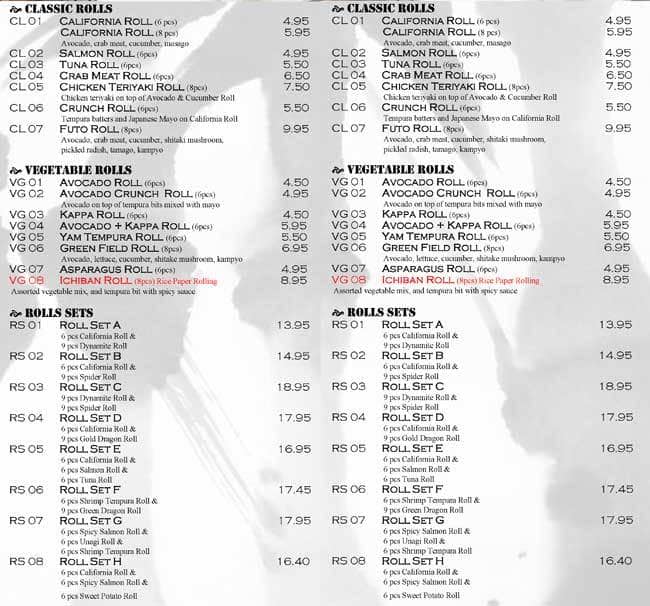 Menu at Ichiban Sushi restaurant, Toronto, Yonge St