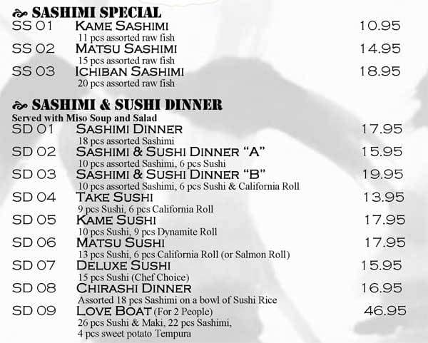 Menu at Ichiban Sushi restaurant, Toronto, Yonge St