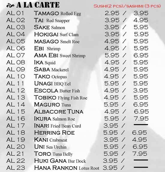 Menu at Ichiban Sushi restaurant, Toronto, Yonge St