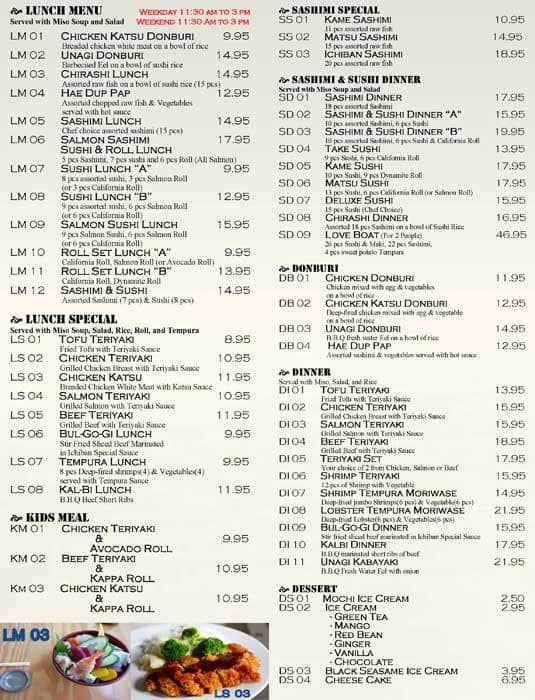 Menu at Ichiban Sushi restaurant, Toronto, Yonge St