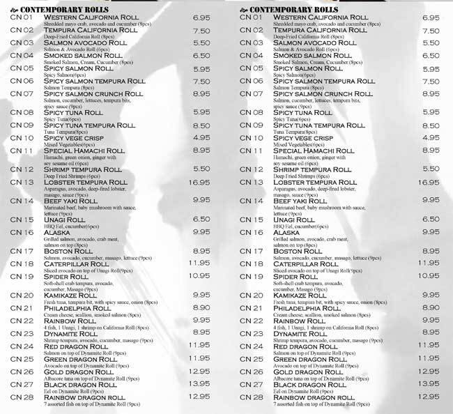 Menu at Ichiban Sushi restaurant, Toronto, Yonge St