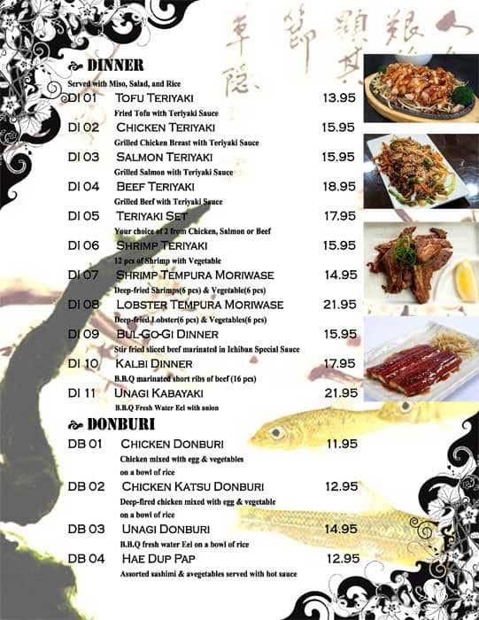 Menu at Ichiban Sushi restaurant, Toronto, Yonge St