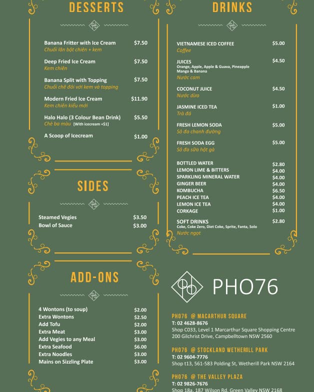 Menu at Pho 76 restaurant, Prairiewood