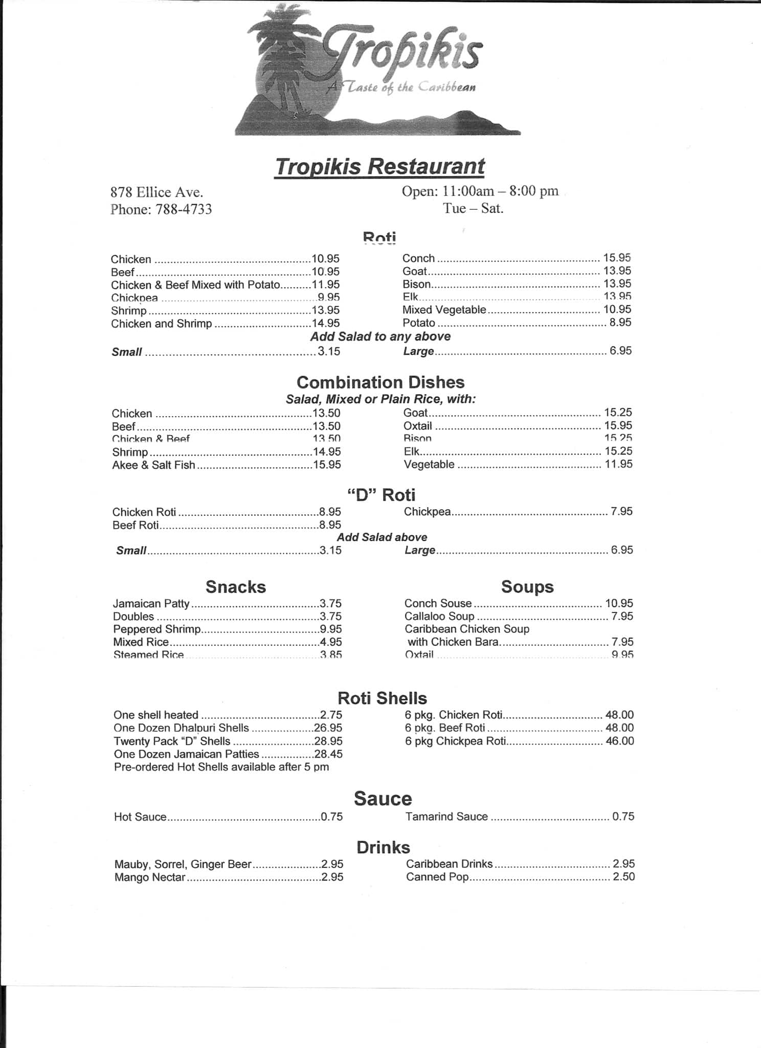 Menu at Tropikis Restaurant, Winnipeg