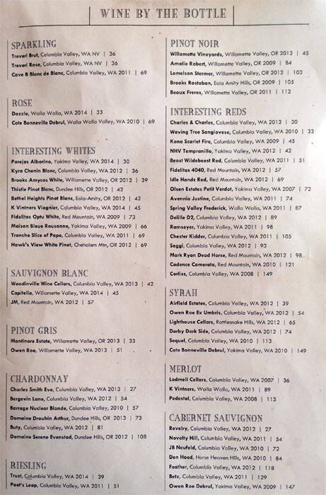 Menu at Bennett's restaurant, Mercer Island