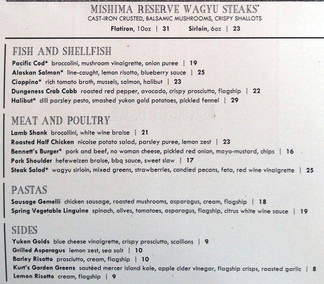 Menu at Bennett's restaurant, Mercer Island