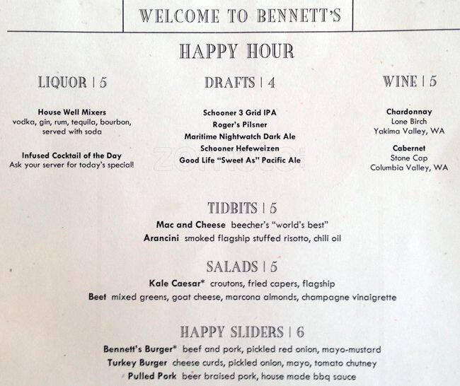 Menu at Bennett's restaurant, Mercer Island