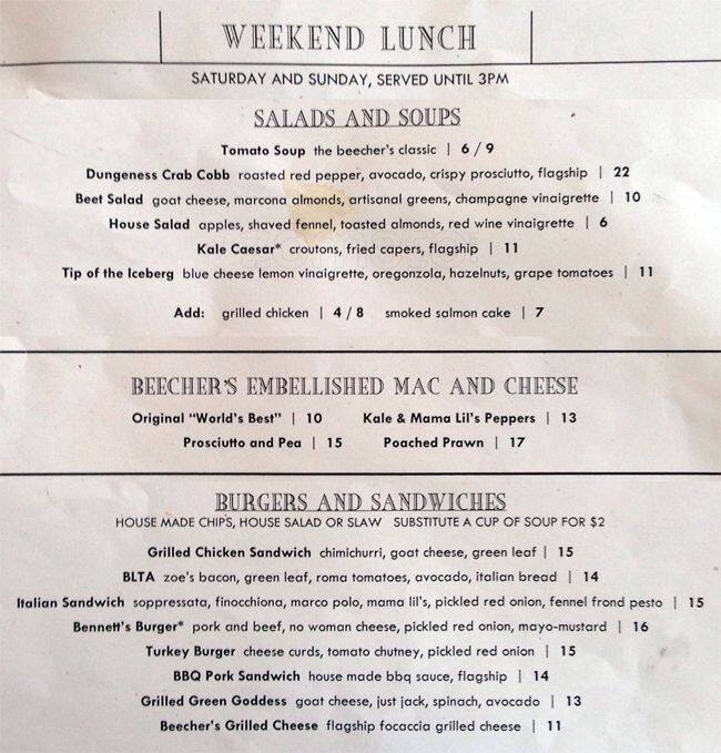 Menu at Bennett's restaurant, Mercer Island