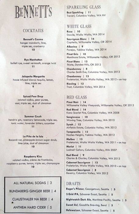 Menu at Bennett's restaurant, Mercer Island