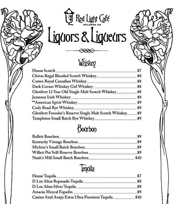 Menu at Red Light Cafe, Atlanta