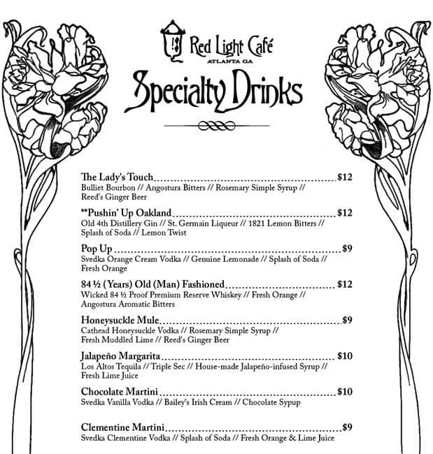 Menu at Red Light Cafe, Atlanta