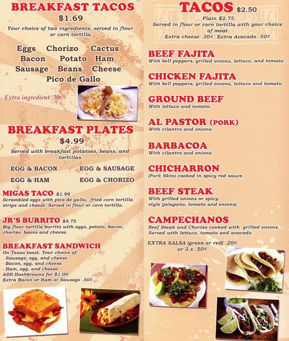 Menu at Jr's Tacos restaurant, Austin, Cedar Bend Dr