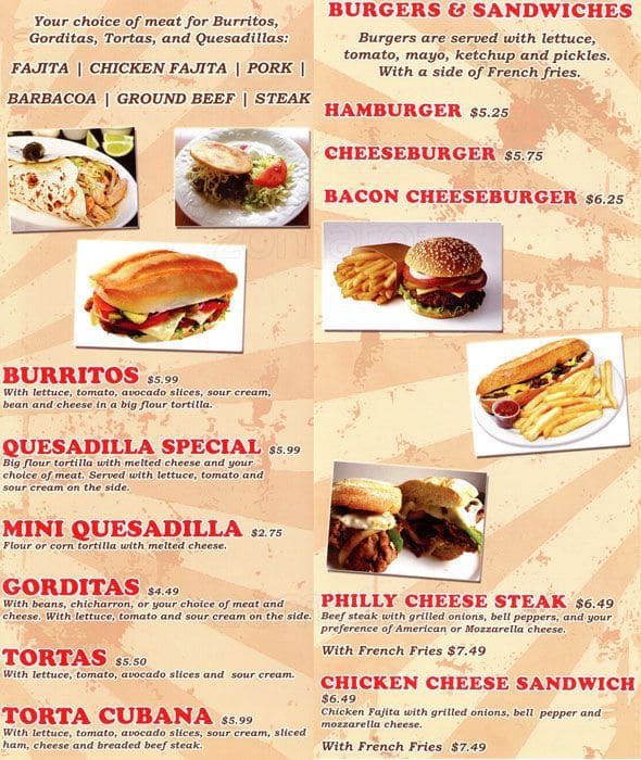 Menu at Jr's Tacos restaurant, Austin, Cedar Bend Dr
