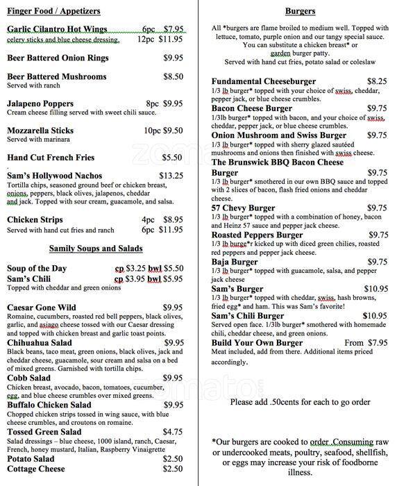 Menu at Sam's Hollywood Billiards pub & bar, Portland