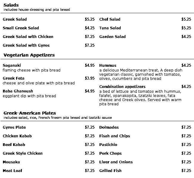 Menu at Alexi's Greek Cafe, San Diego