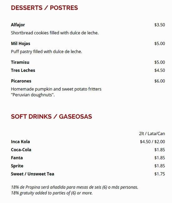 Menu at Machu Picchu - Pineville pub & bar, Pineville