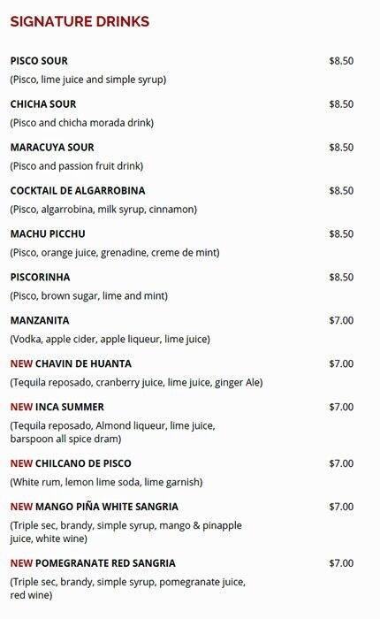 Menu at Machu Picchu - Pineville pub & bar, Pineville