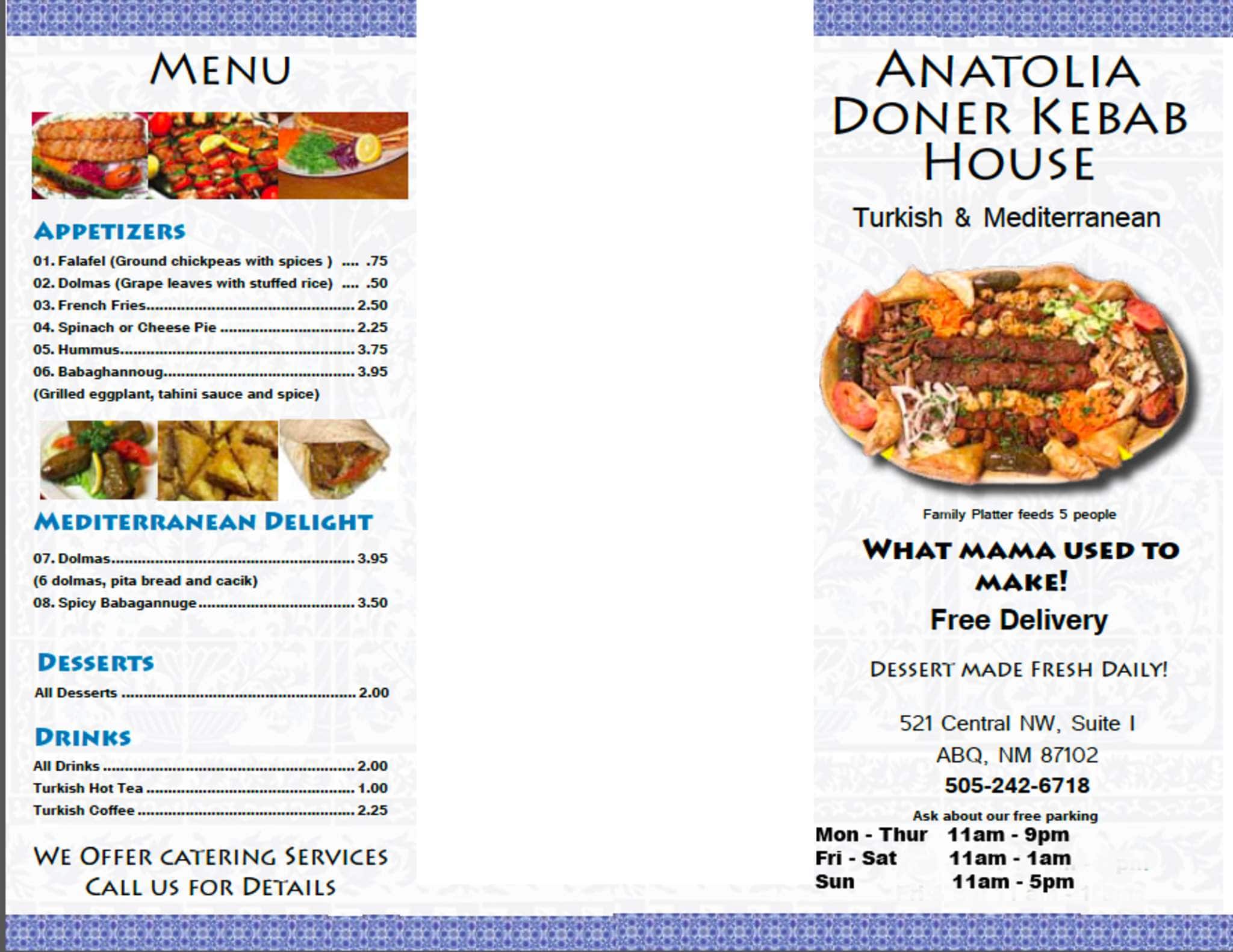 Menu at Anatolia Turkish & Mediterranean Grill restaurant, Albuquerque ...