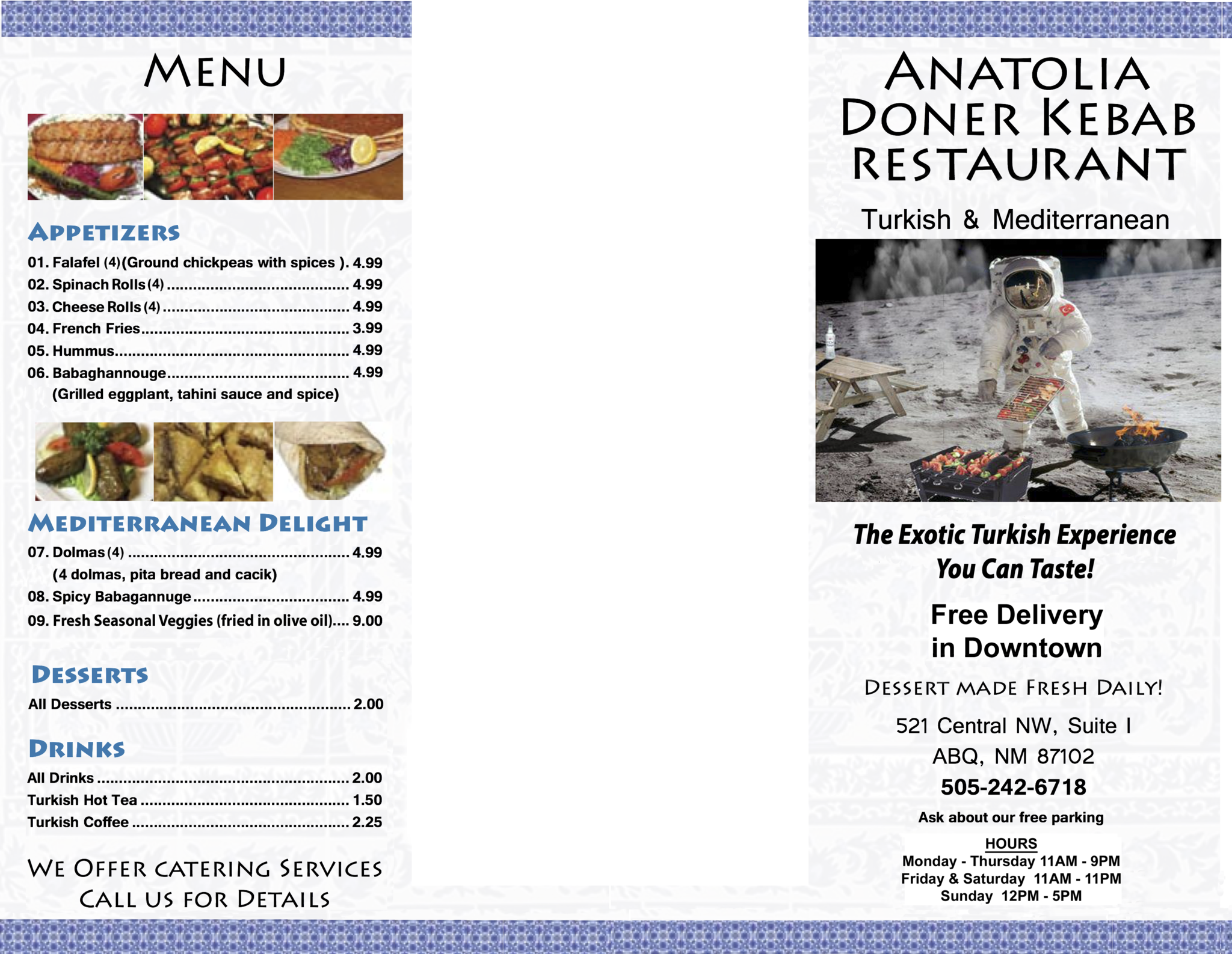 Menu at Anatolia Turkish & Mediterranean Grill restaurant, Albuquerque ...