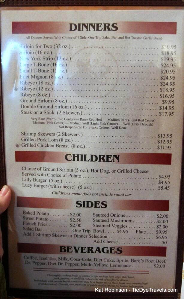 Menu at Russell’s Beef House steakhouse, Corinth