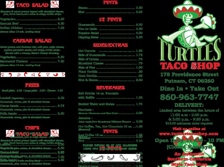 Turtles Taco Shop Menu, Menu for Turtles Taco Shop, Putnam, Putnam ...