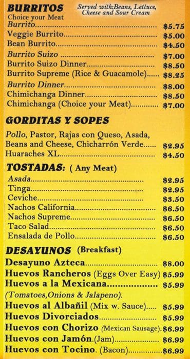 Menu at Taqueria Azteca restaurant, Wood Dale