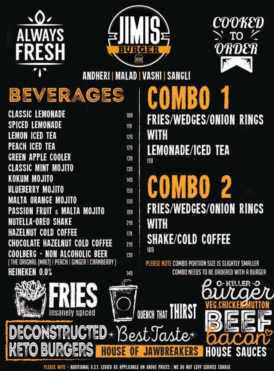 Menu at JIMIS BURGER - Vashi, Navi Mumbai, Shop 25