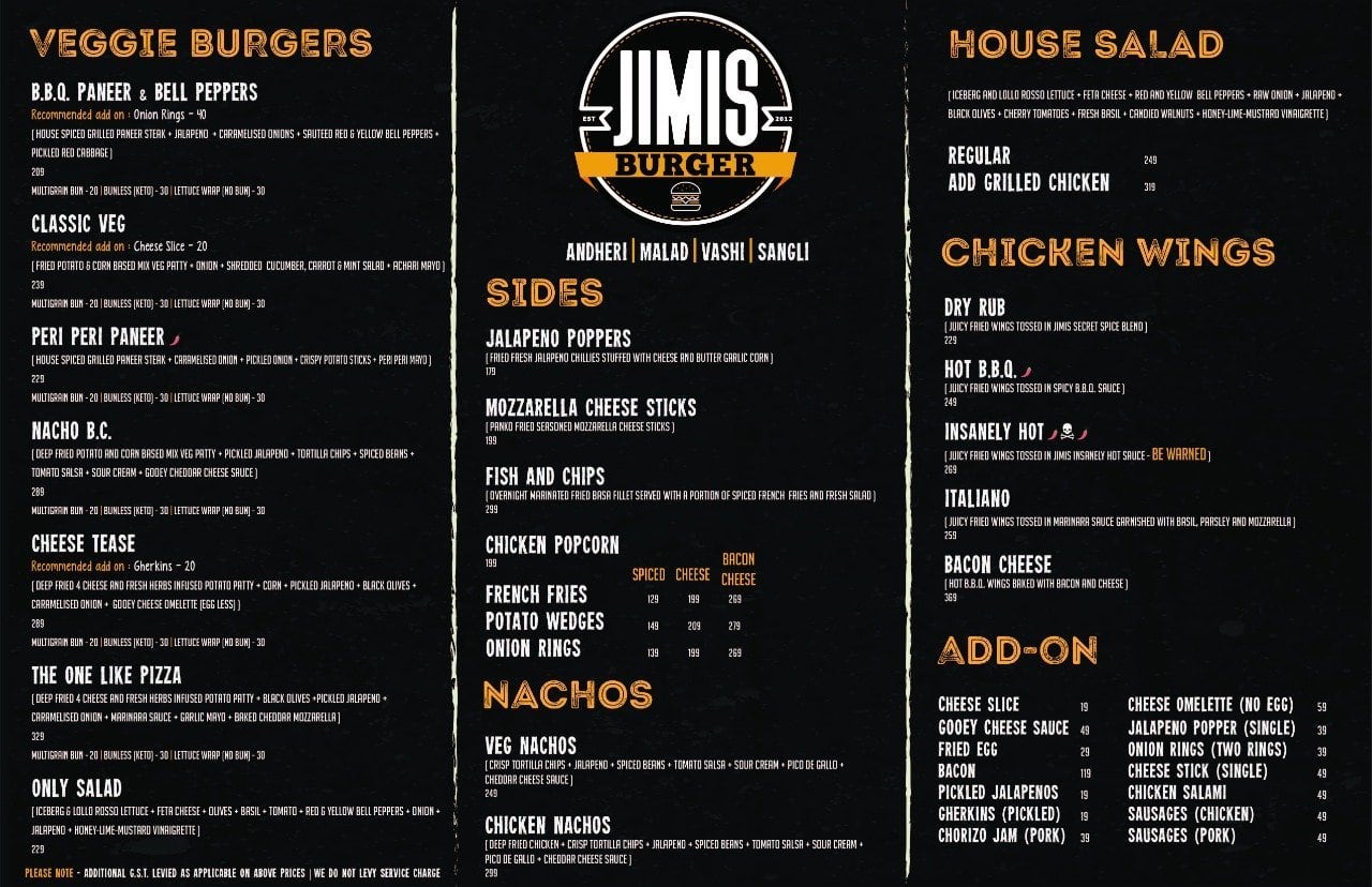 Menu at JIMIS BURGER - Vashi, Navi Mumbai, Shop 25
