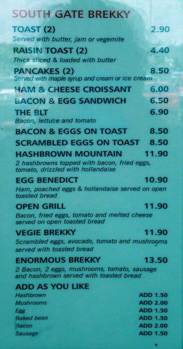 Menu at Cafe Southgate, Adelaide