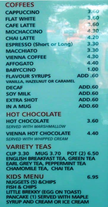 Menu at Cafe Southgate, Adelaide