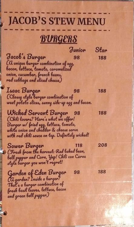 Menu at Jacob's Stew Burger and Brew pub & bar, Antipolo