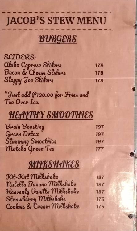 Menu at Jacob's Stew Burger and Brew pub & bar, Antipolo