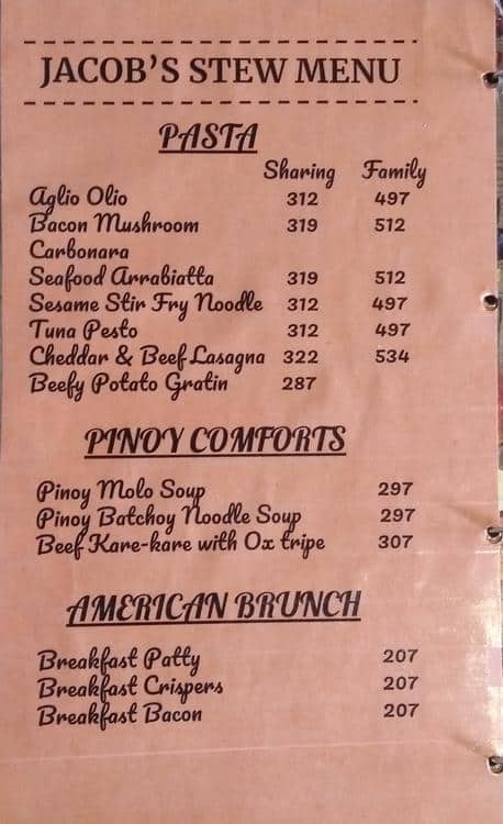 Menu at Jacob's Stew Burger and Brew pub & bar, Antipolo